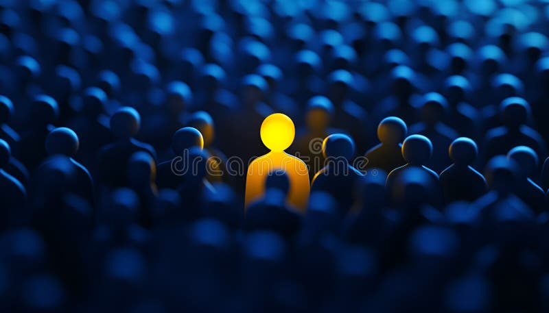 Unique Yellow Figure Standing Out in a Crowd of Blue Figures Stock ...