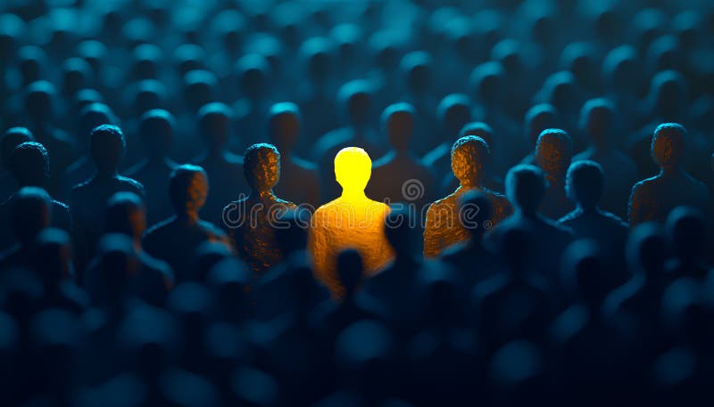 Unique Yellow Figure Standing Out in a Crowd of Blue Figures Stock ...