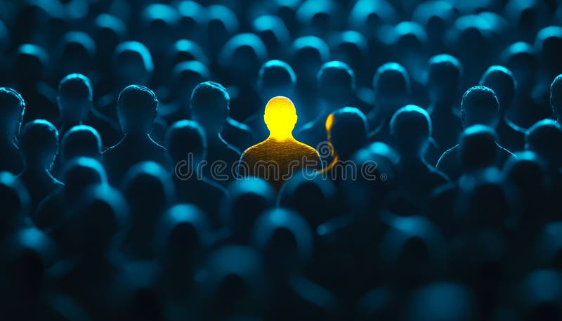 Unique Yellow Figure Standing Out in a Crowd of Blue Figures Stock ...