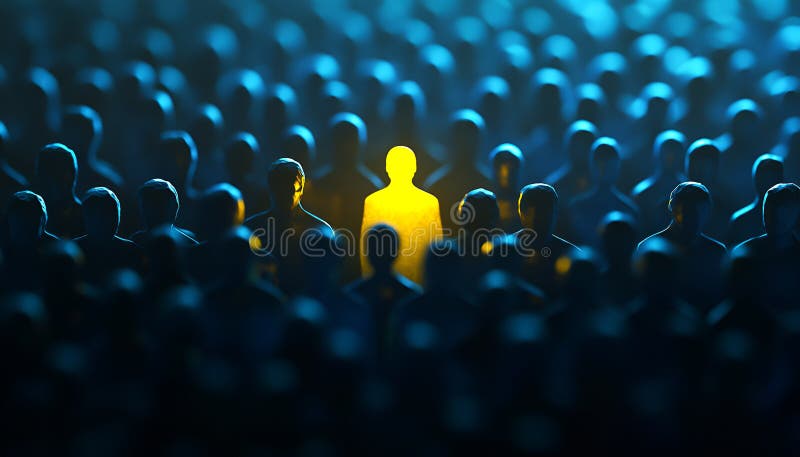 Unique Yellow Figure Standing Out in a Crowd of Blue Figures Stock ...