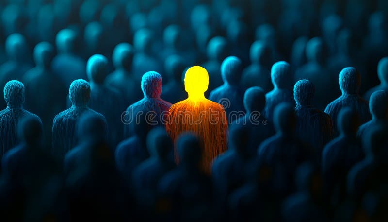 Unique Yellow Figure Standing Out in a Crowd of Blue Figures Stock ...