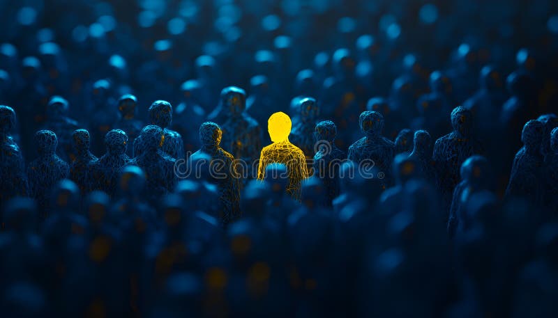 Unique Yellow Figure Standing Out in a Crowd of Blue Figures Stock ...