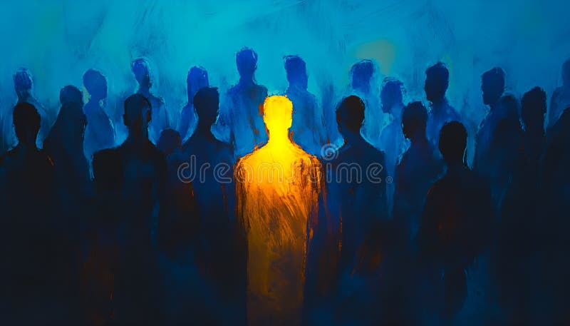 Unique Yellow Figure Standing Out in a Crowd of Blue Figures Stock ...