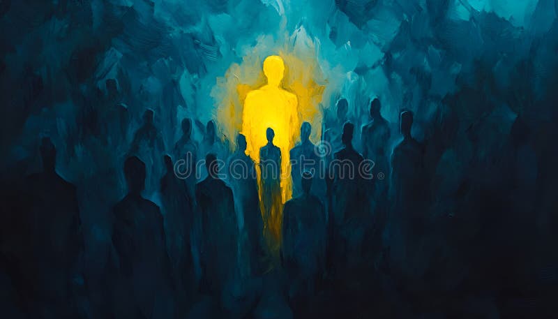 Unique Yellow Figure Standing Out in a Crowd of Blue Figures Stock ...