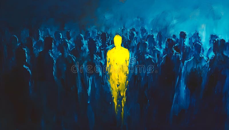 Unique Yellow Figure Standing Out in a Crowd of Blue Figures Stock ...