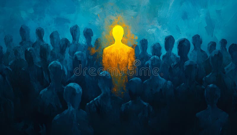 Unique Yellow Figure Standing Out in a Crowd of Blue Figures Stock ...