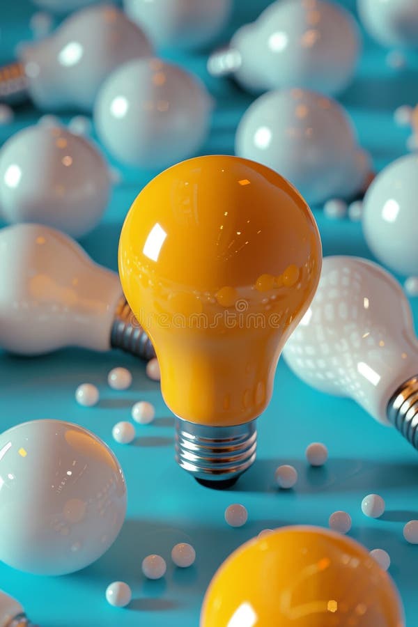 Unique Yellow Light Bulb Surrounded by White Bulbs on a Blue Surface ...