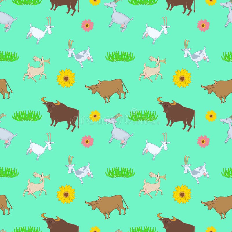 Cow, Goat, Bull, Nature on Green Pattern. Grass and Flowers Stock ...