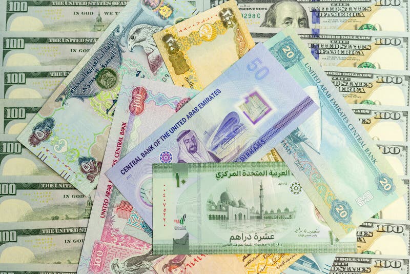 United Arab Emirate Bank Notes with a US Dollar Bills Stock Photo ...