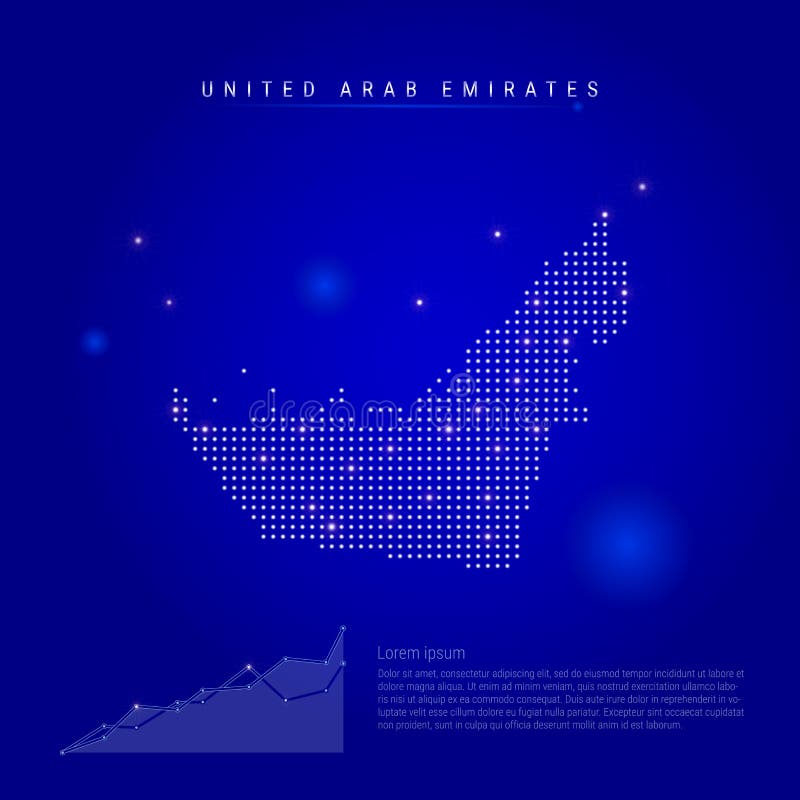 United Arab Emirates Illuminated Map with Glowing Dots. Dark Blue Space ...