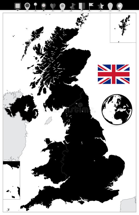 United Kingdom Black Color Map and Flat Map Pointers Stock Vector ...