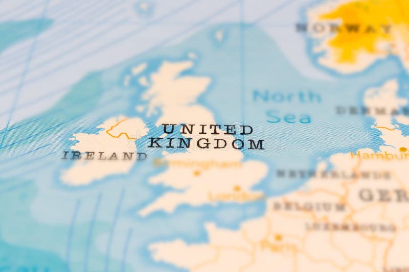 United Kingdom in Focus on a Tilted World Map. Stock Image - Image of ...
