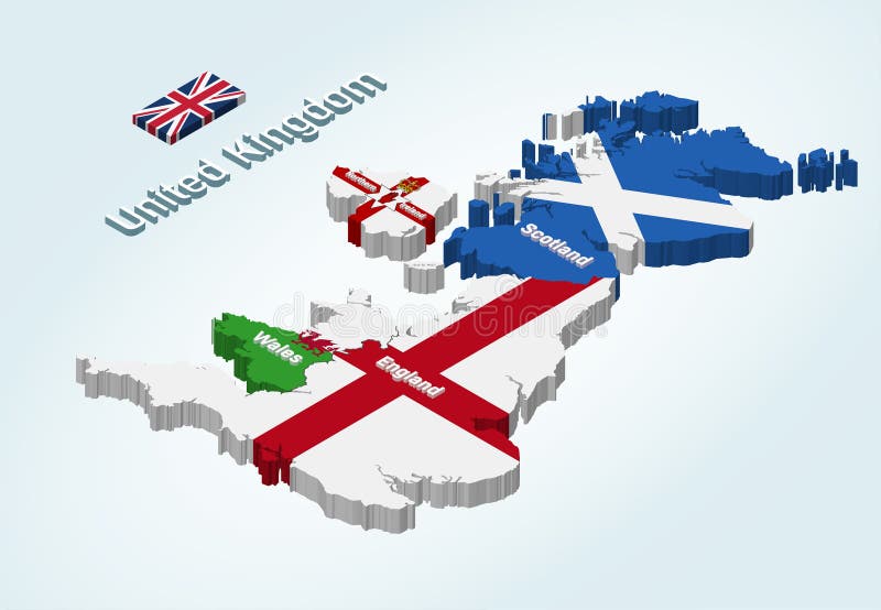 United Kingdom Isometric Map with Flags Incorporated Inside Countries ...