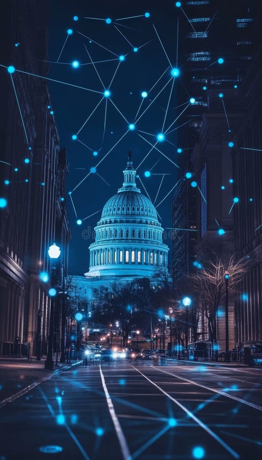 United States Capitol Dome in Glowing Digitized Network Connection ...
