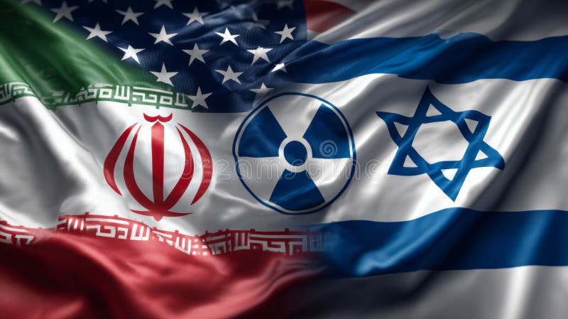 United States Iran and Israel Flags with Nuclear Icon Stock ...