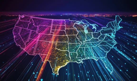 United States Map with Colorful Data Visualization and Light Trails ...