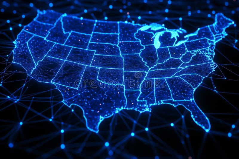 The United States is Mapped Out in Blue and Orange and Lit with Lights ...