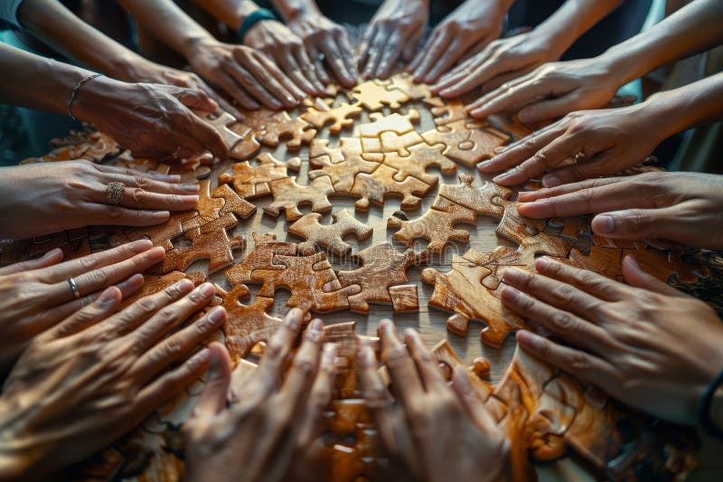 Unity in Action Hands Holding a Wooden Jigsaw Puzzle Symbolizing ...