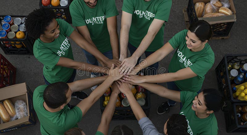 Unity in Action: Volunteers Stack Hands Over Food Donations. Making a ...