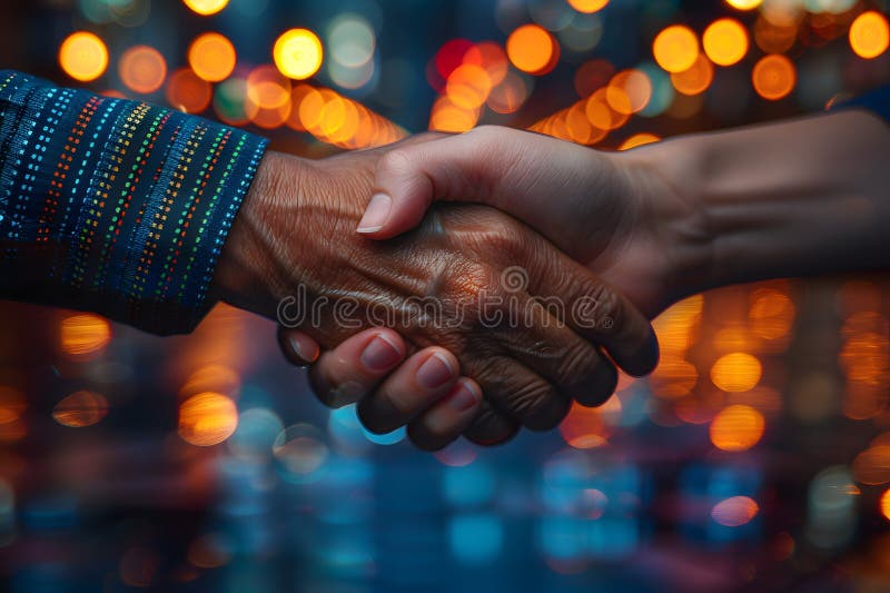Unity and Agreement: Diverse Hands Shaking in a Vibrant City Background ...