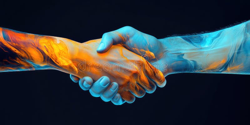 Unity in Color: Blue and Orange Hands Shaking Stock Illustration ...