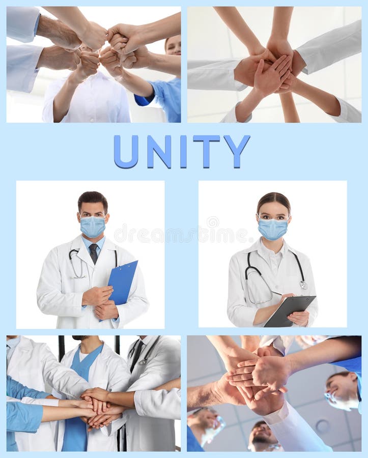 Unity Concept. Collage with Team of Doctors Wearing Masks Stock Image ...