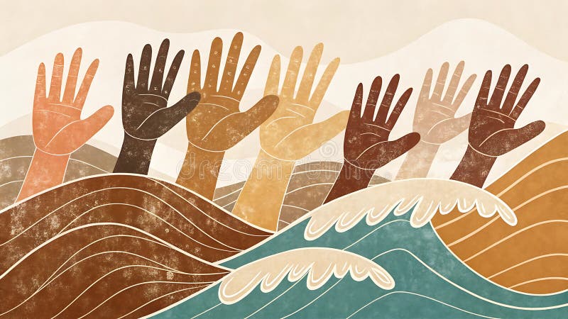 Unity Concept with Textured Overlapping Hands in Abstract Wave Design ...