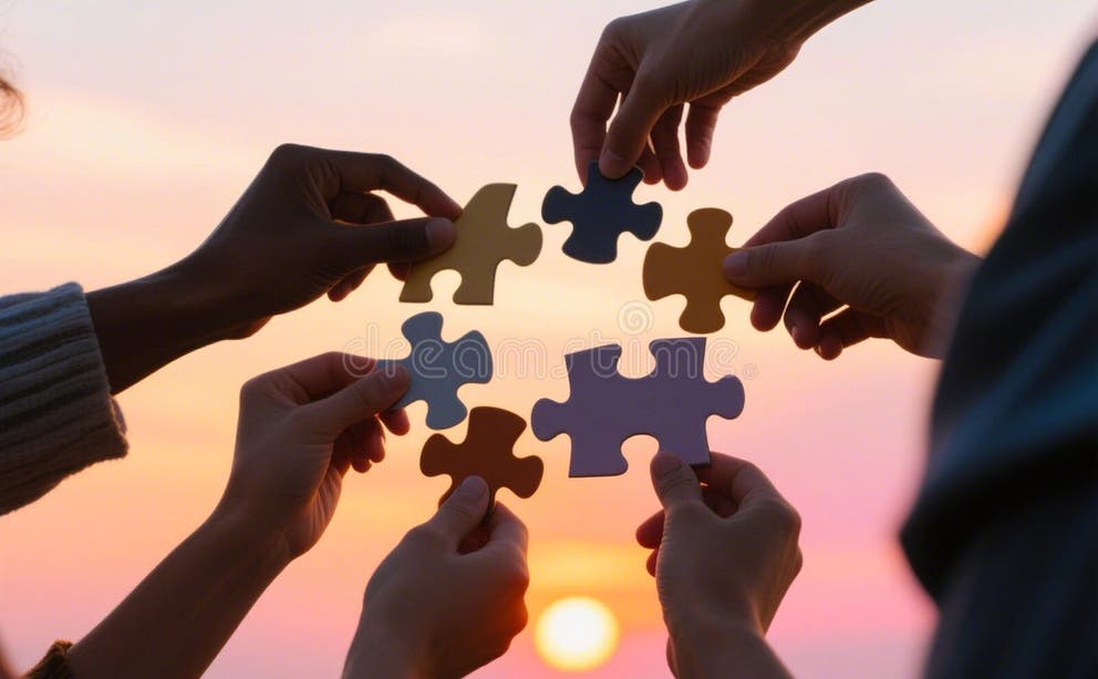 Unity in Diversity: Collaborative Puzzle Pieces at Sunset Stock Photo - Image of hands, connect ...