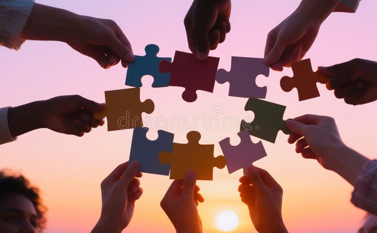 Unity in Diversity: Collaborative Puzzle Pieces at Sunset Stock Photo ...