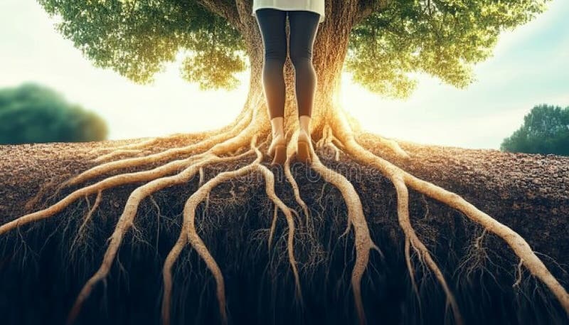 Unity and Interconnectedness. Woman Standing among Roots of a Large ...