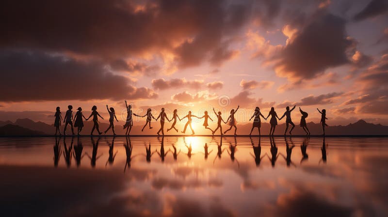 Unity in Motion at Sunset Reflection Stock Illustration - Illustration ...