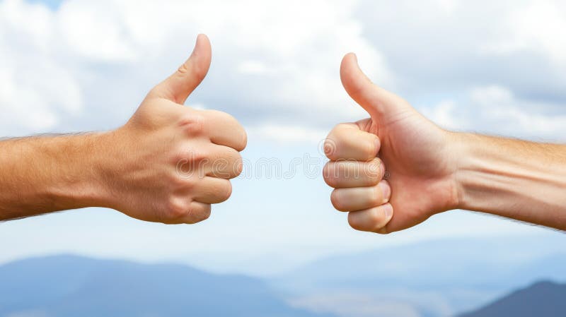 Unity and Positivity: Thumbs Up in Tranquil Mountain Landscape Stock ...