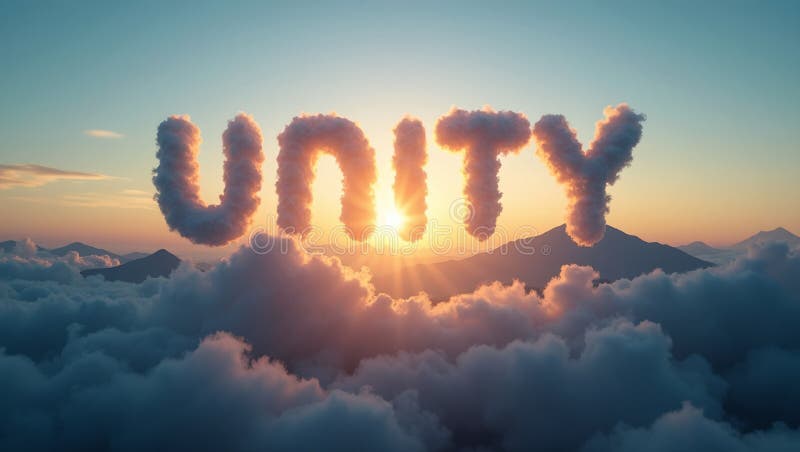 Unity Spelled with Clouds Above Mountain Range at Sunrise Stock ...