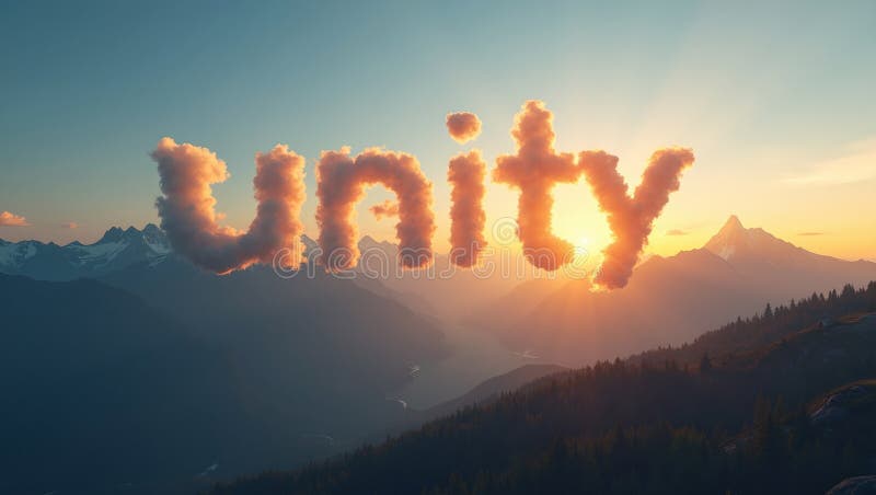 Unity Spelled with Clouds Above Mountain Range at Sunrise Stock ...