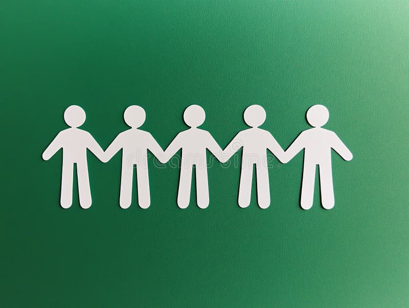 Unity Teamwork Paper People Holding Hands Green Background ...