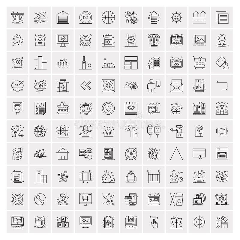 100 Universal Black Line Icons on White Background Stock Vector ...