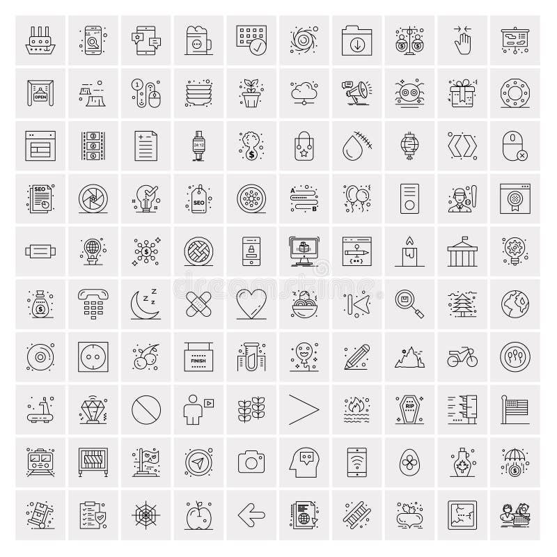 100 Universal Black Line Icons on White Background Stock Vector ...