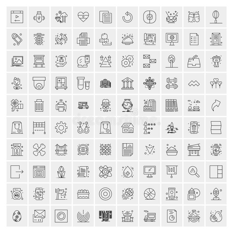 100 Universal Black Line Icons on White Background Stock Vector ...