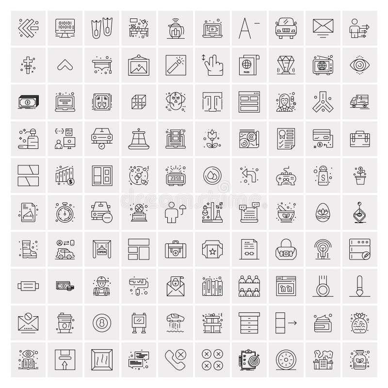 100 Universal Black Line Icons on White Background Stock Vector ...