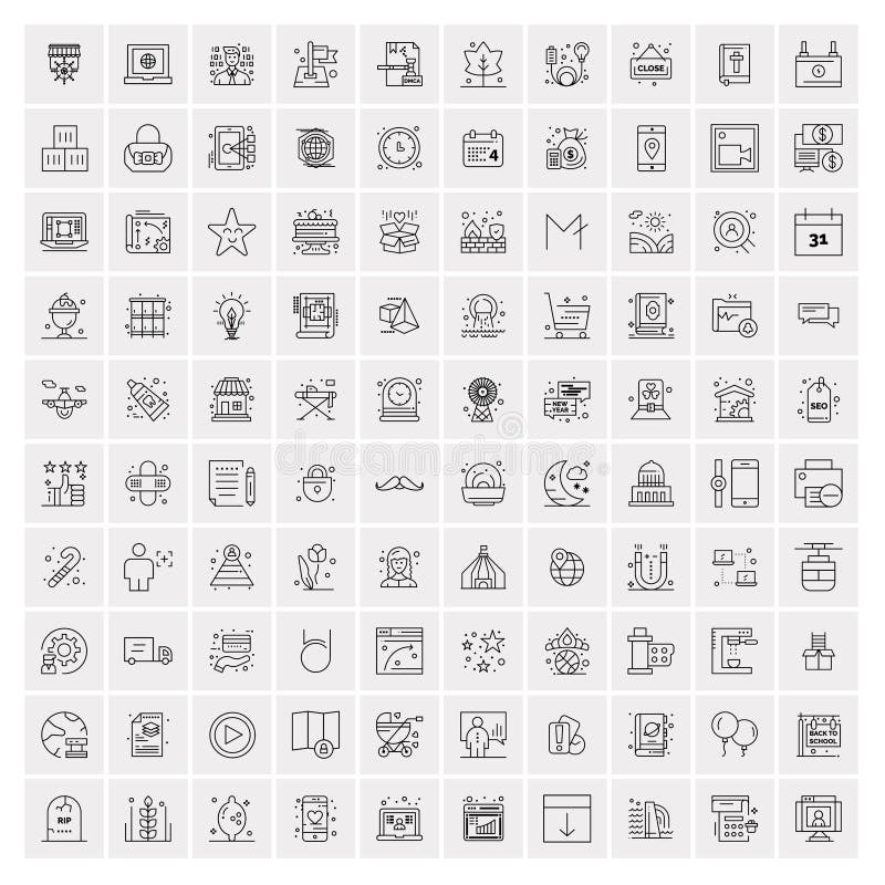 100 Universal Black Line Icons on White Background Stock Vector ...