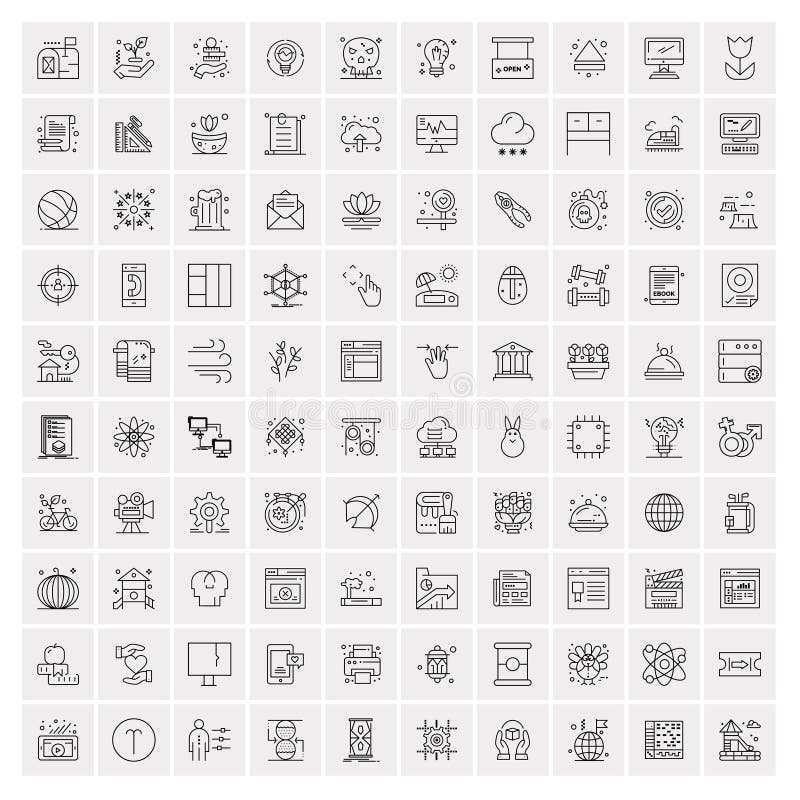 100 Universal Black Line Icons on White Background Stock Vector ...