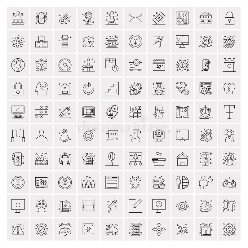 100 Universal Black Line Icons on White Background Stock Vector ...