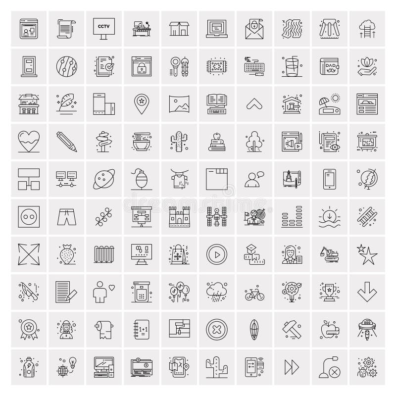 100 Universal Black Line Icons on White Background Stock Vector ...