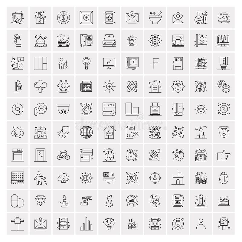 100 Universal Black Line Icons on White Background Stock Vector ...