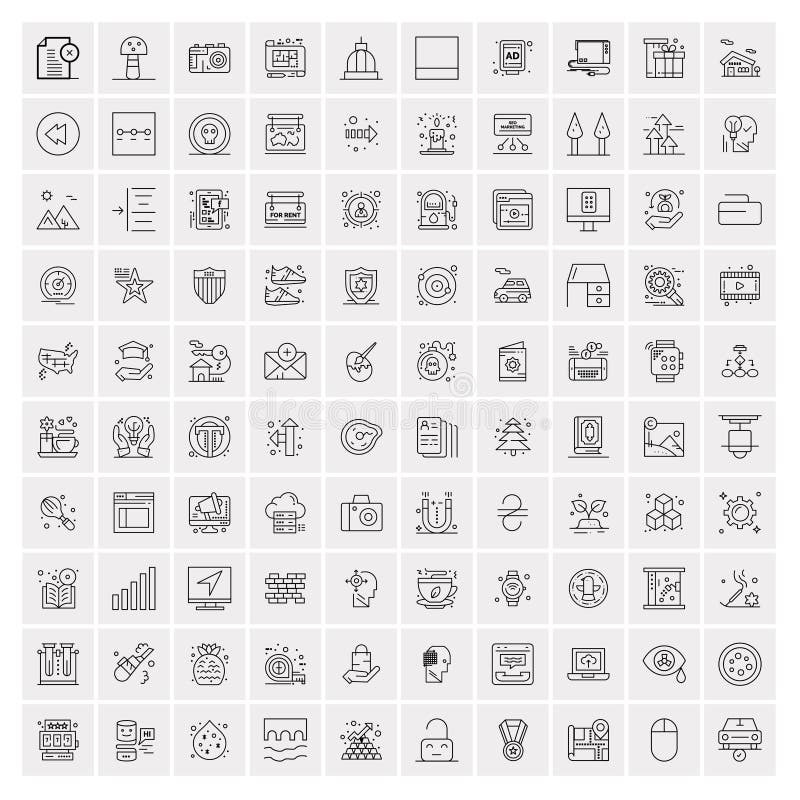 100 Universal Black Line Icons on White Background Stock Vector ...