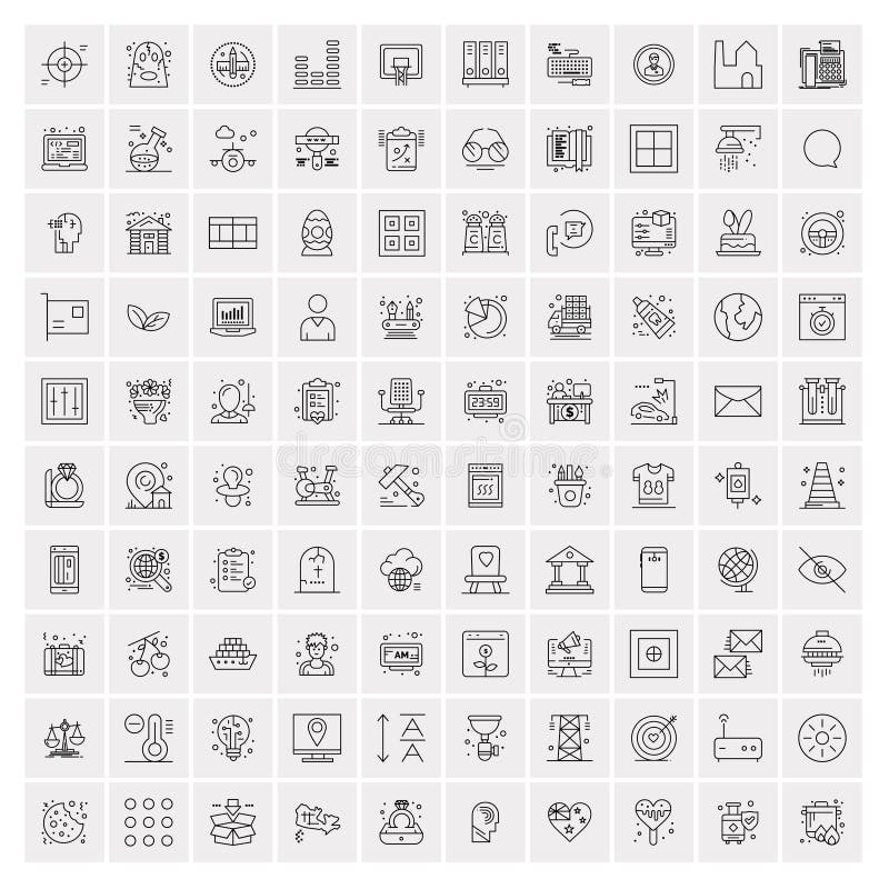 100 Universal Black Line Icons on White Background Stock Vector ...