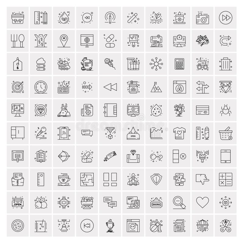 100 Universal Black Line Icons on White Background Stock Vector ...
