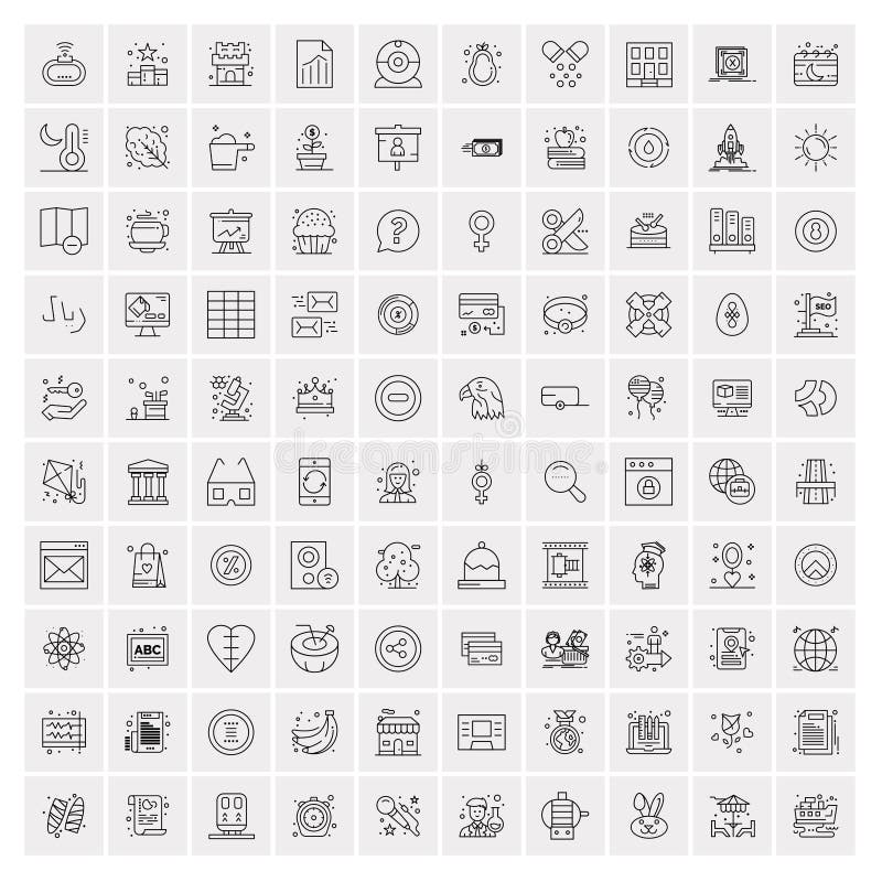 100 Universal Black Line Icons on White Background Stock Vector ...