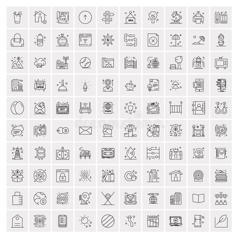 100 Universal Black Line Icons on White Background Stock Vector ...