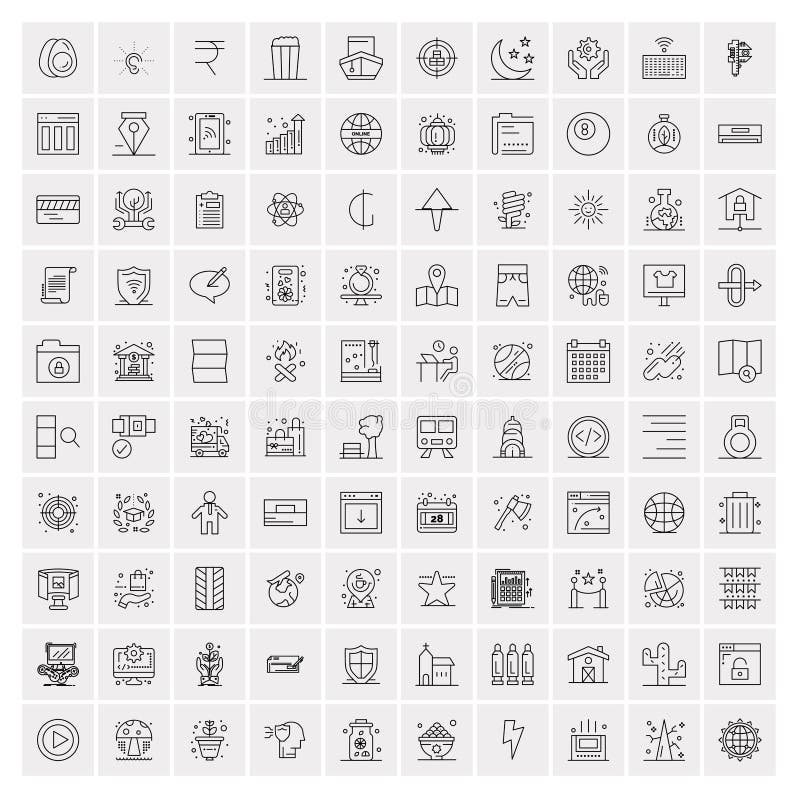 100 Universal Black Line Icons on White Background Stock Vector ...